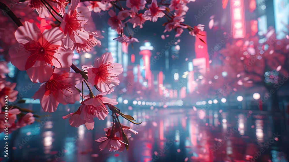 Cherry blossoms add a touch of natural elegance to a neon-soaked ...