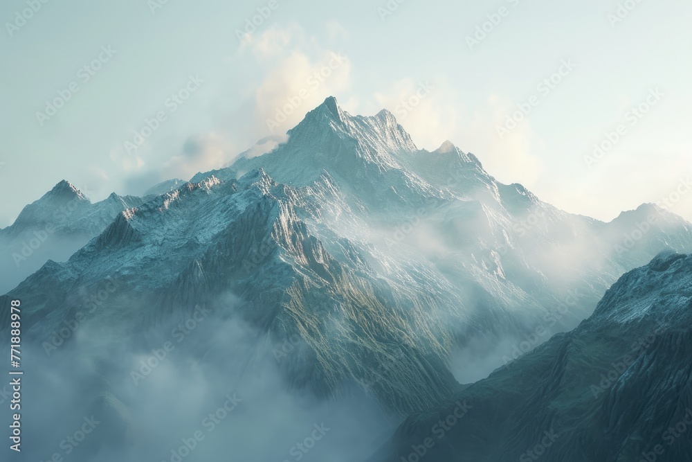 Mountain range with atmospheric cloudy fog, Majestic mountain peaks shrouded in atmospheric ...