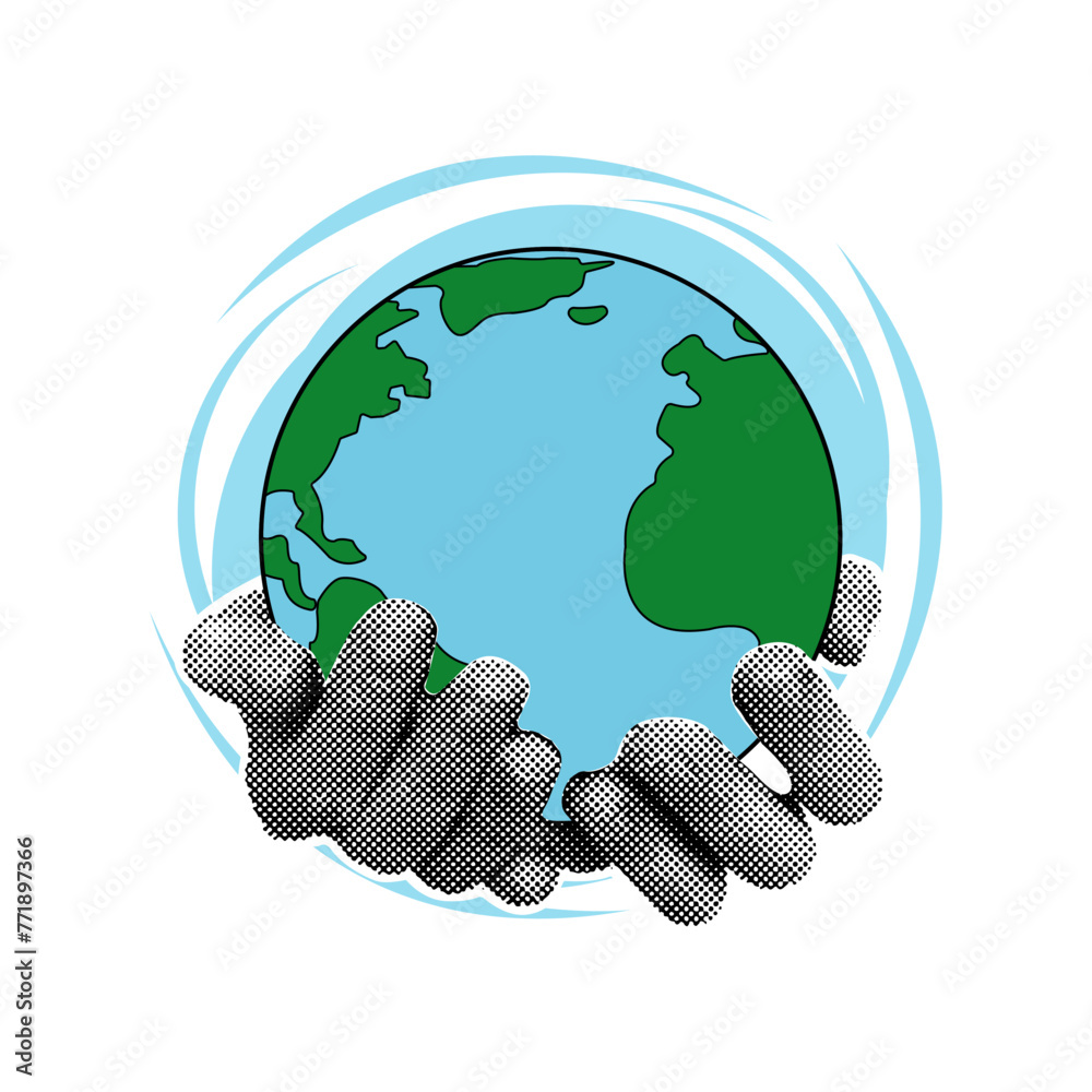 World environment day, template. Modern collage with halftone hands and ...