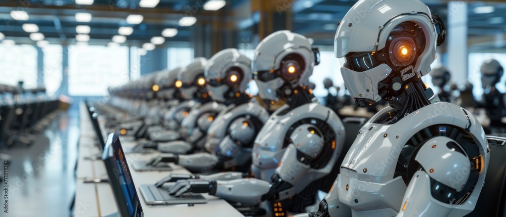 Many identical clone robots work in the office sitting at desks with ...
