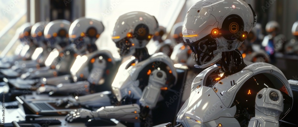 Many identical clone robots work in the office sitting at desks with ...