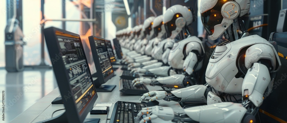 Many identical clone robots work in the office sitting at desks with computers. Future concept ...