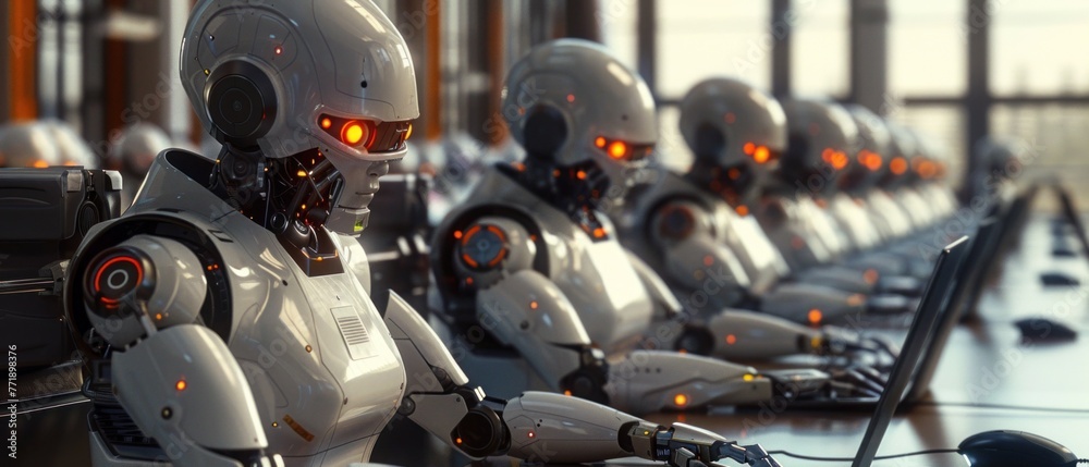 Many identical clone robots work in the office sitting at desks with ...