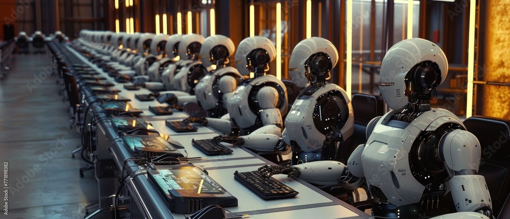 Many identical clone robots work in the office sitting at desks with ...