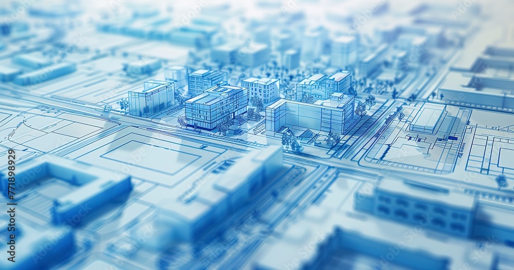 Drawing urban redevelopment plans, close view, twilight, wide angle ...
