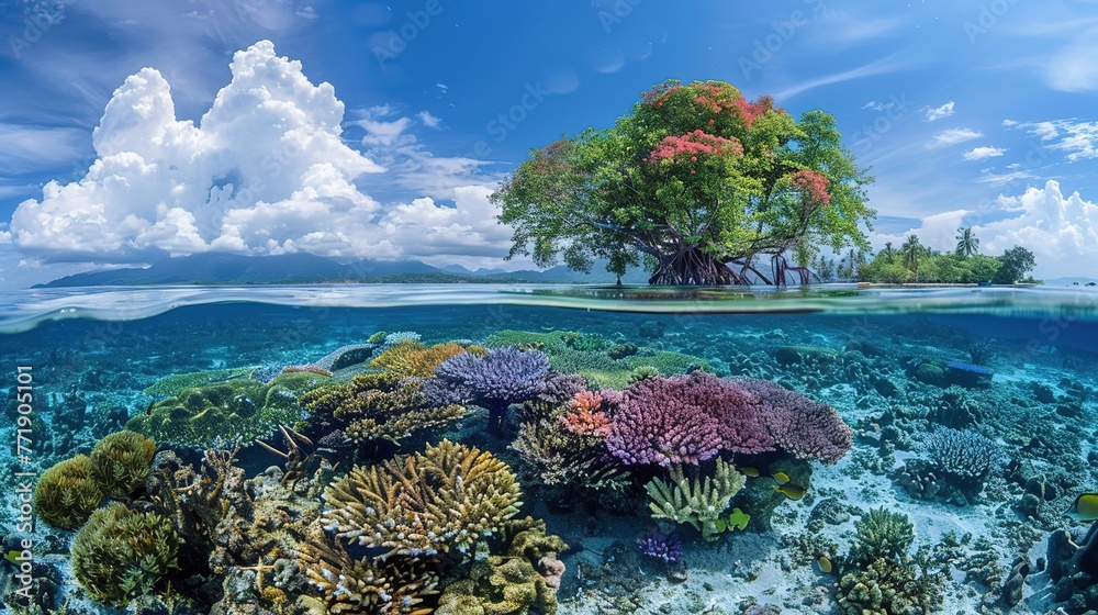 Cute anemone fish playing on the coral reef, beautiful color clownfish ...