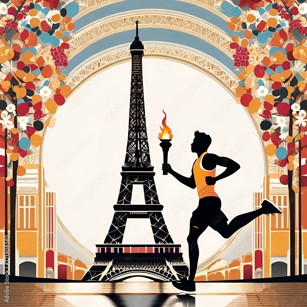 Illustration of the 2024 Olympic Games in Paris, France, a male athlete ...
