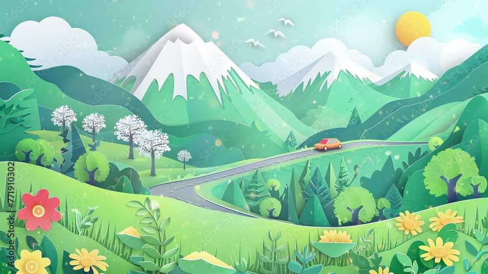 paper art of panorama landscape and car moving along. seamless looping ...