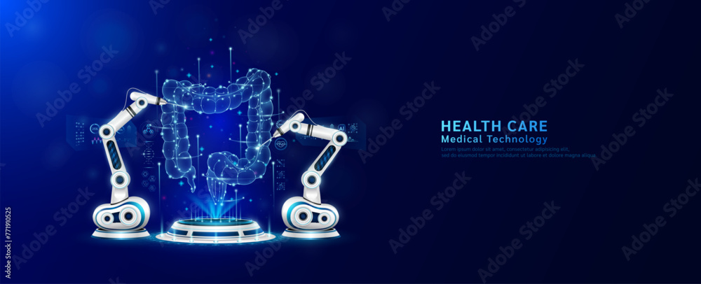 Robot arms operating healing intestine on the podium. Robotic surgery ...