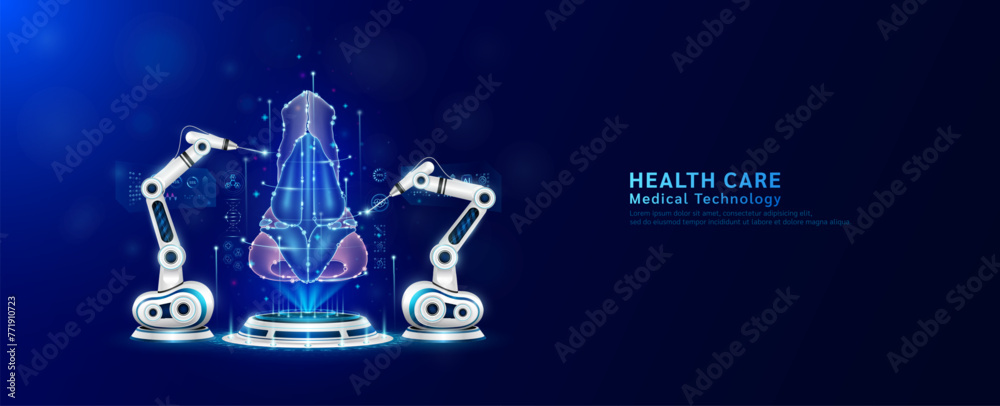 Robot arms operating healing nose on the podium. Robotic surgery ...