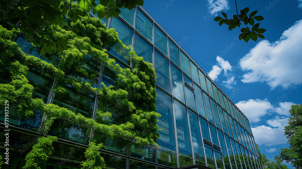 Modern green building with trees in blue sky background. Skyscraper for ...