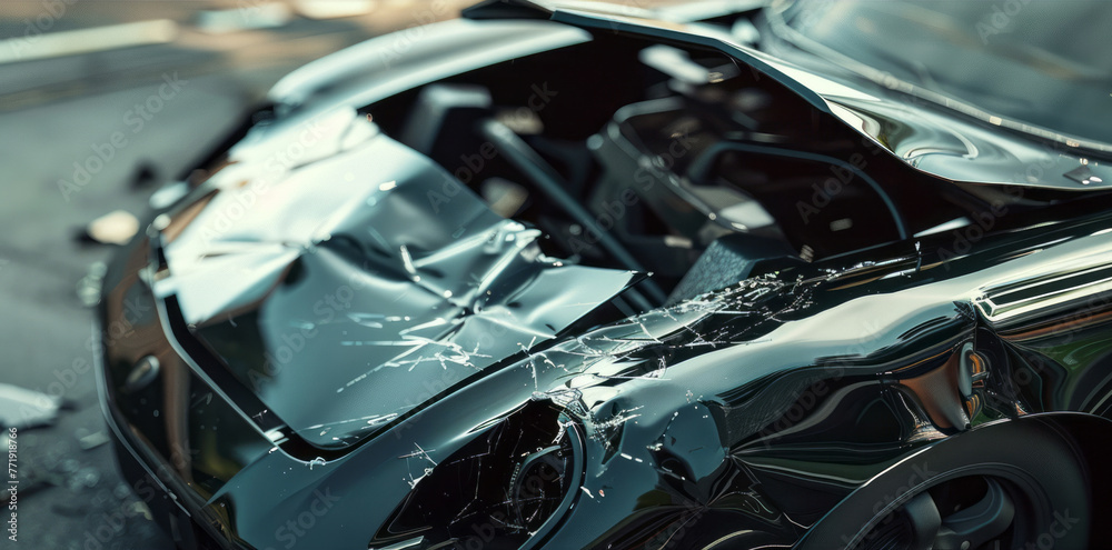 Illustrazione Stock A car, with its hood broken off, sits on the side ...