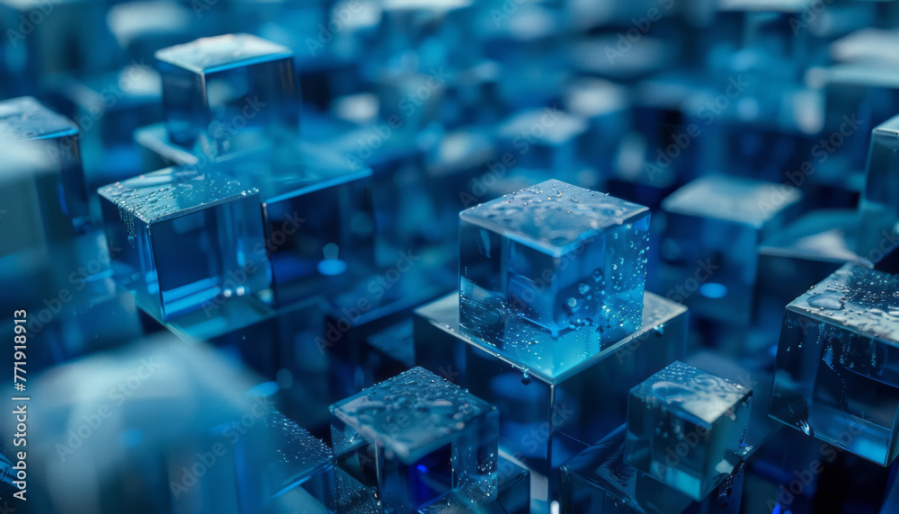 Blue cubes in various shapes and arrangements occupy a large space ...