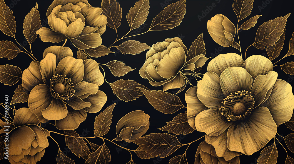 Luxury gold floral background vector. Golden gradient Roses and peonies ...