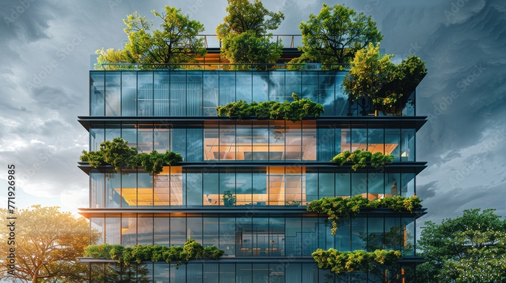 Sustainable green building, Eco friendly building. Sustainable glass ...