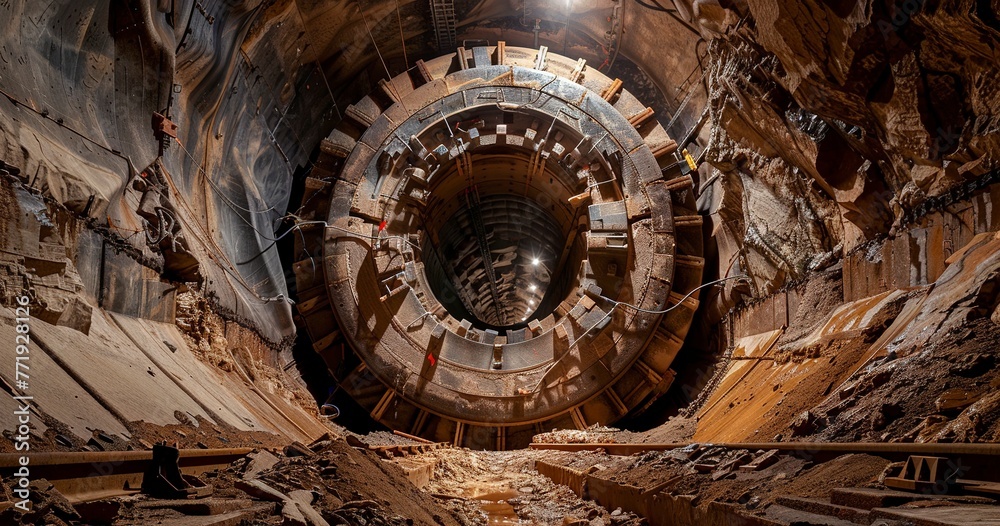 Tunnel boring machine head, close view, artificial lighting, wide angle ...