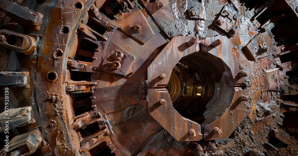 Tunnel boring machine head, close view, artificial lighting, wide angle ...