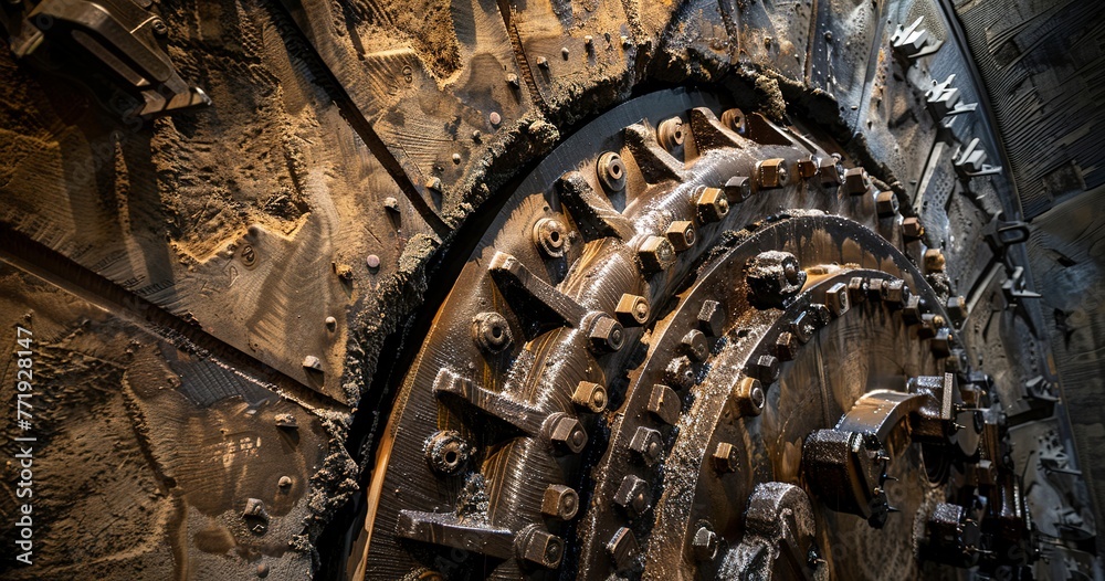 Tunnel boring machine head, close view, artificial lighting, wide angle ...