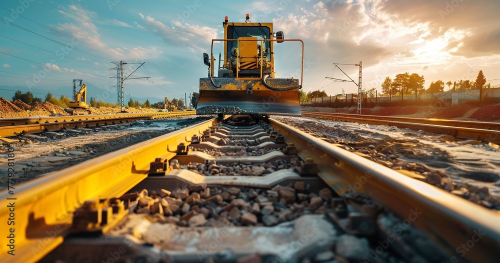 Railway track laying machinery, close-up, midday sun, wide angle ...