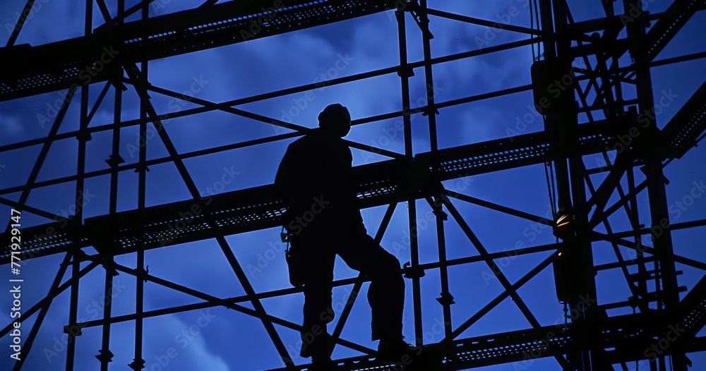 Builder's silhouette against lit scaffolding, close view, night sky ...