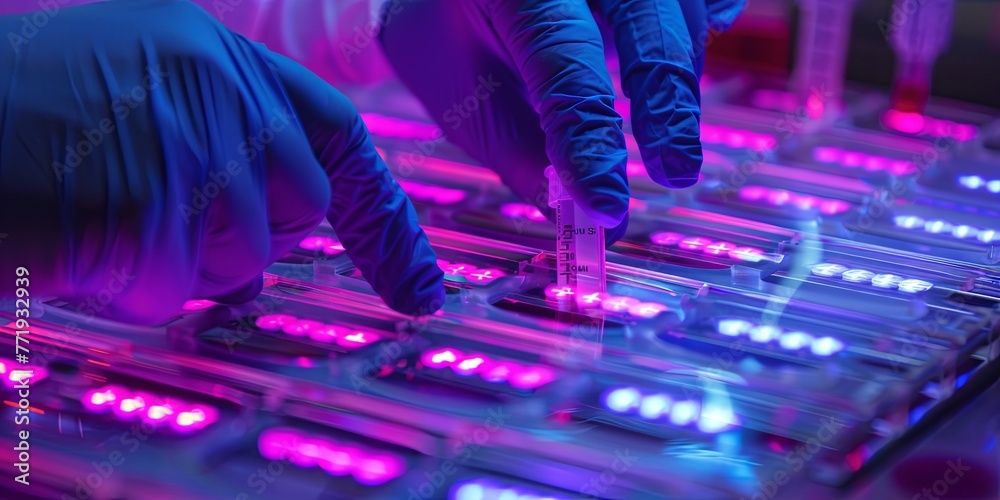 The image could depict scientists analyzing DNA samples, performing gel ...