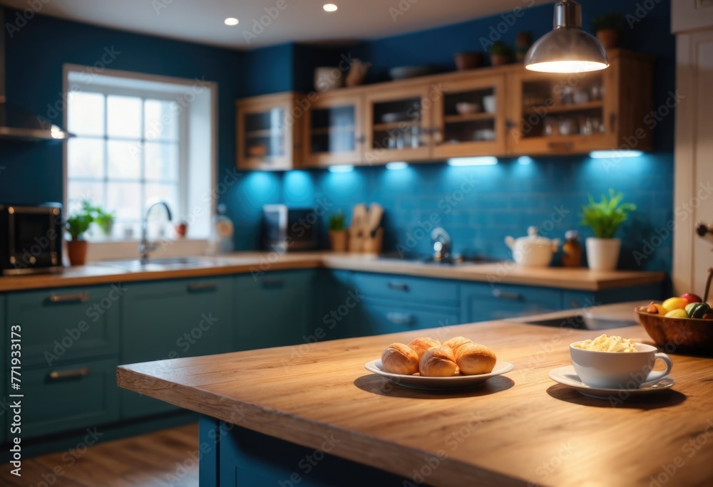 An interior blurry kitchen background, hinting at bustling activity and ...