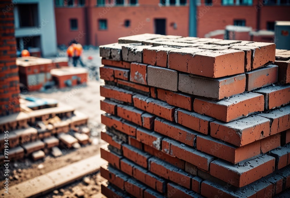 Brick blocks are being assembled into the walls of buildings at the ...