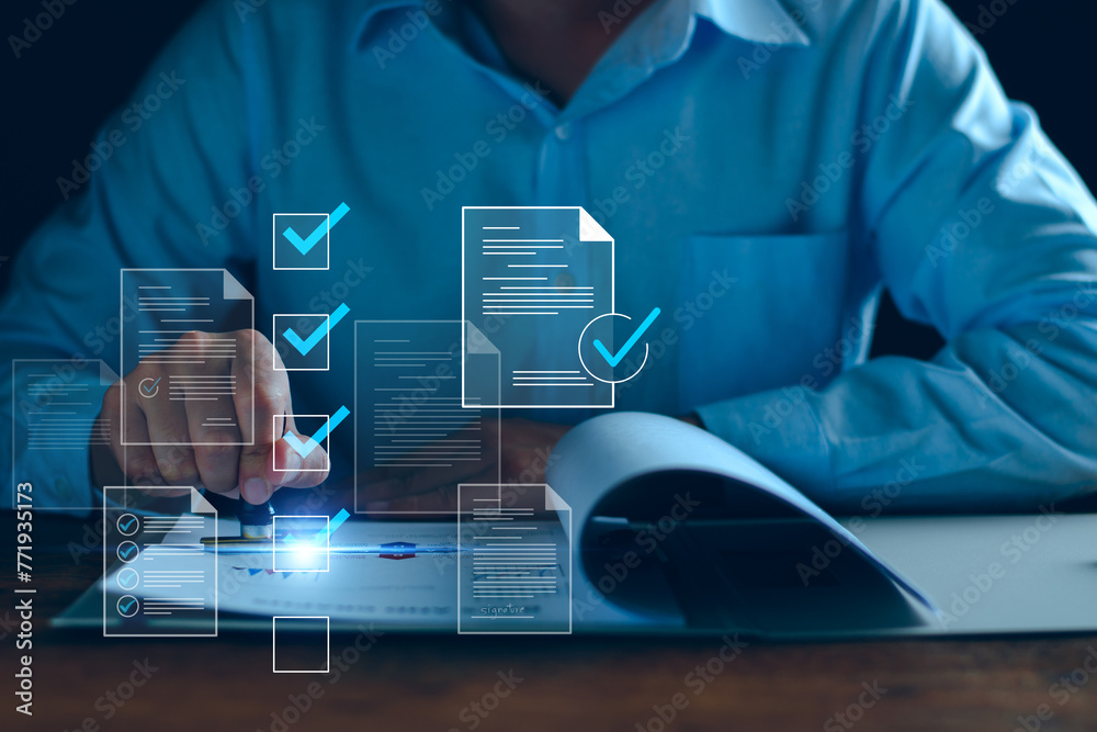 Check list concept. Businessman tick off questionnaire, survey, test ...