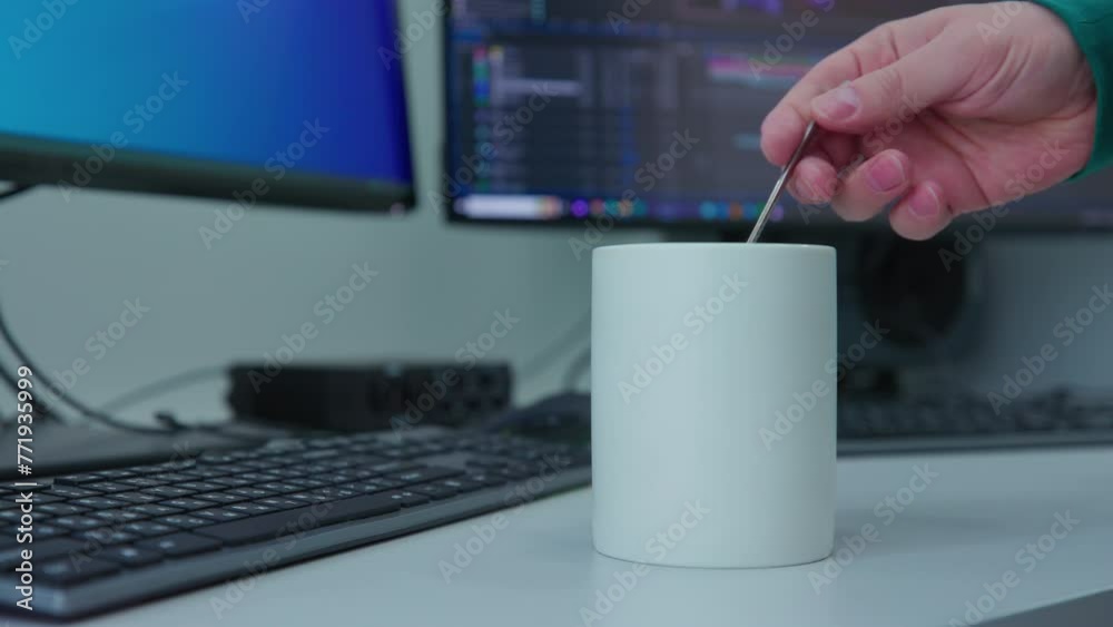 A man's hand add a green powder to a white mug sits on a desk next to a ...