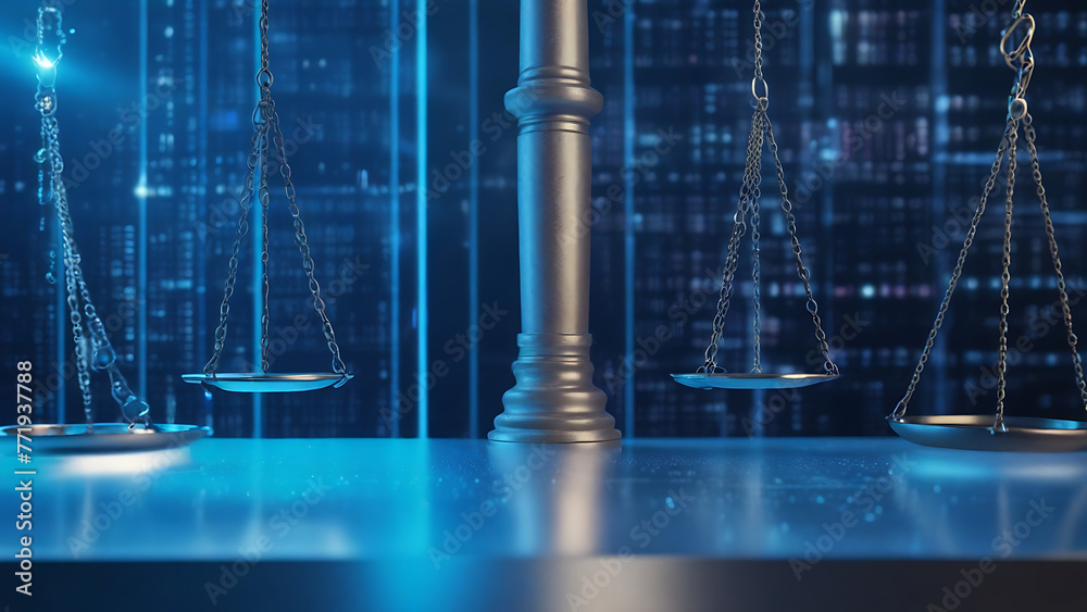 Law scale on a futuristic data center background. Digital law concept ...