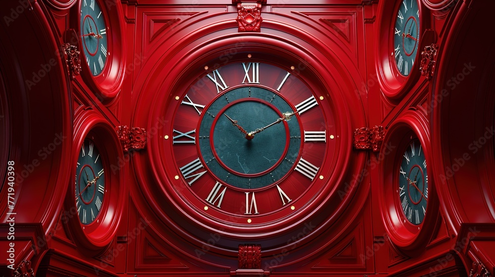 Circular formation of wall clocks on red background - generative AI ...