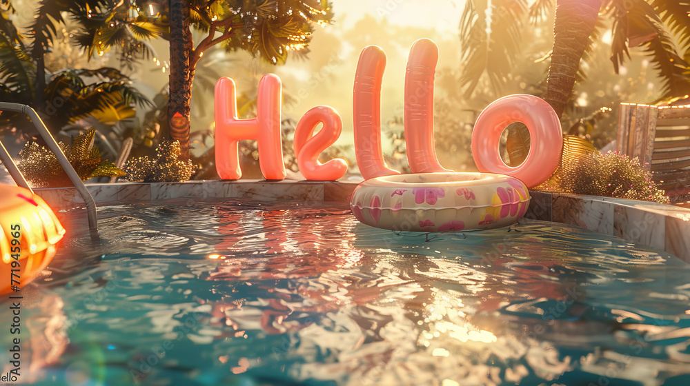 Vibrant 3D letters spelling "Hello" float on reflective water among ...