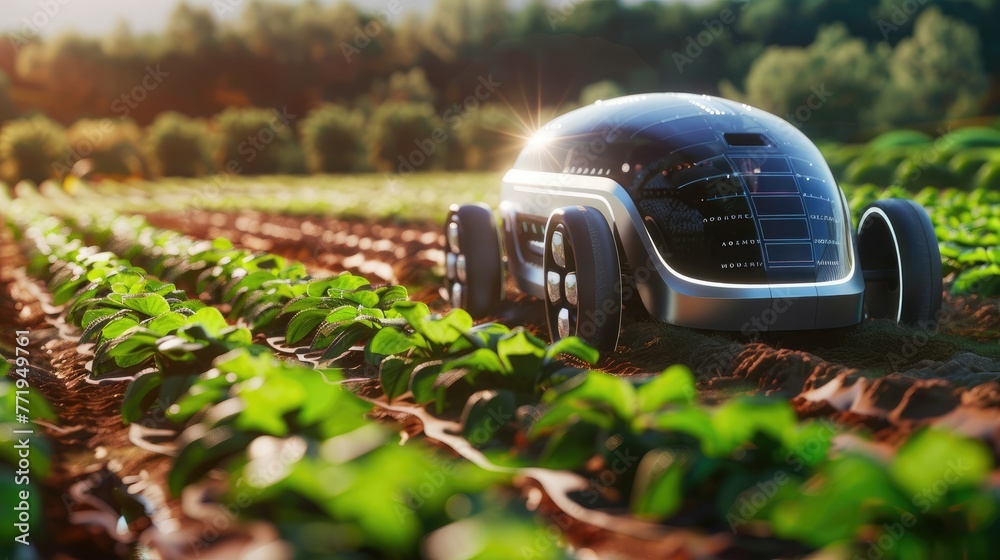 A sleek autonomous car navigates rows of crops, its sensors ...