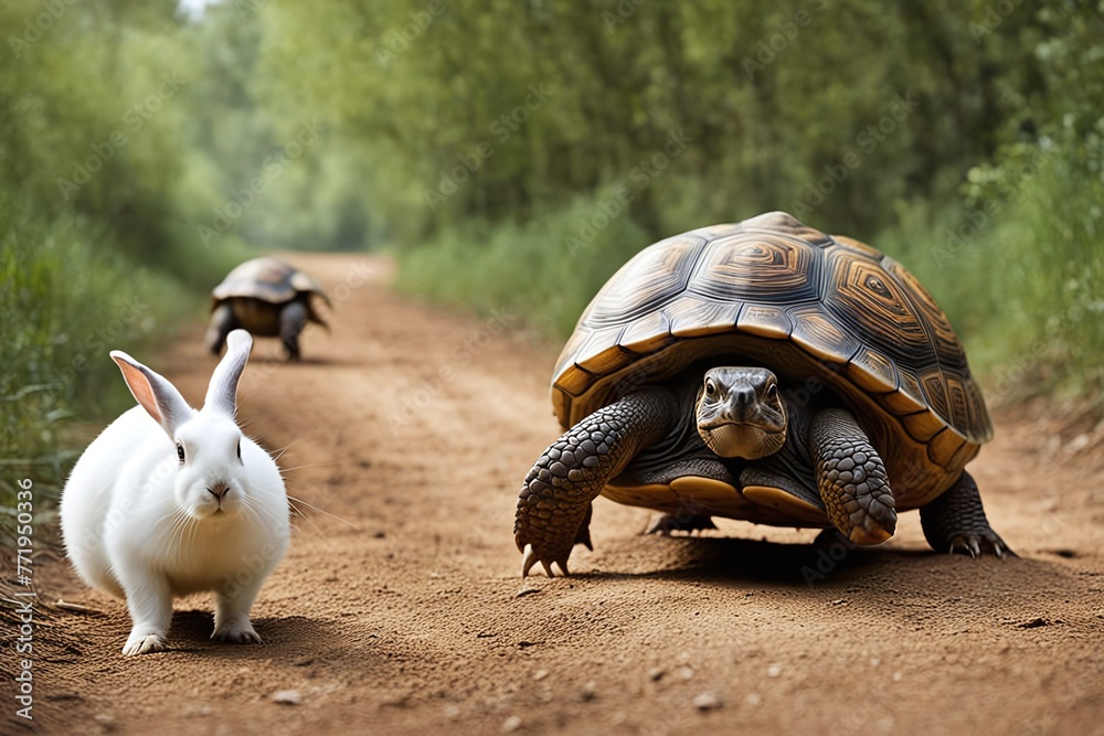 a tortoise in a close-up shot, its determined stride highlighted ...