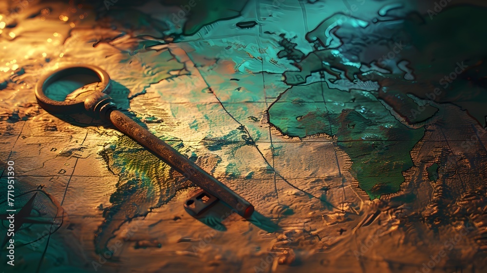 Giant 3D Key Casting Shadow over Detailed World Map,Signifying Journey of Discovery and ...