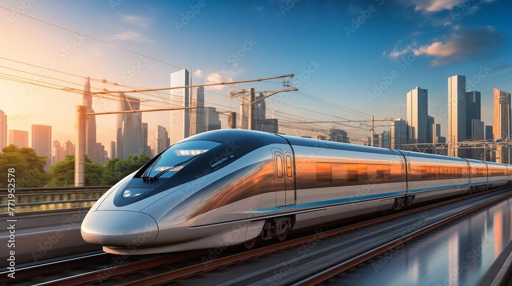 High-speed train, Bullet train speeding through a modern city Stock ...