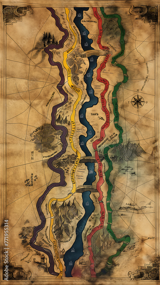 An illustrated fantasy map showing various regions with a vintage ...