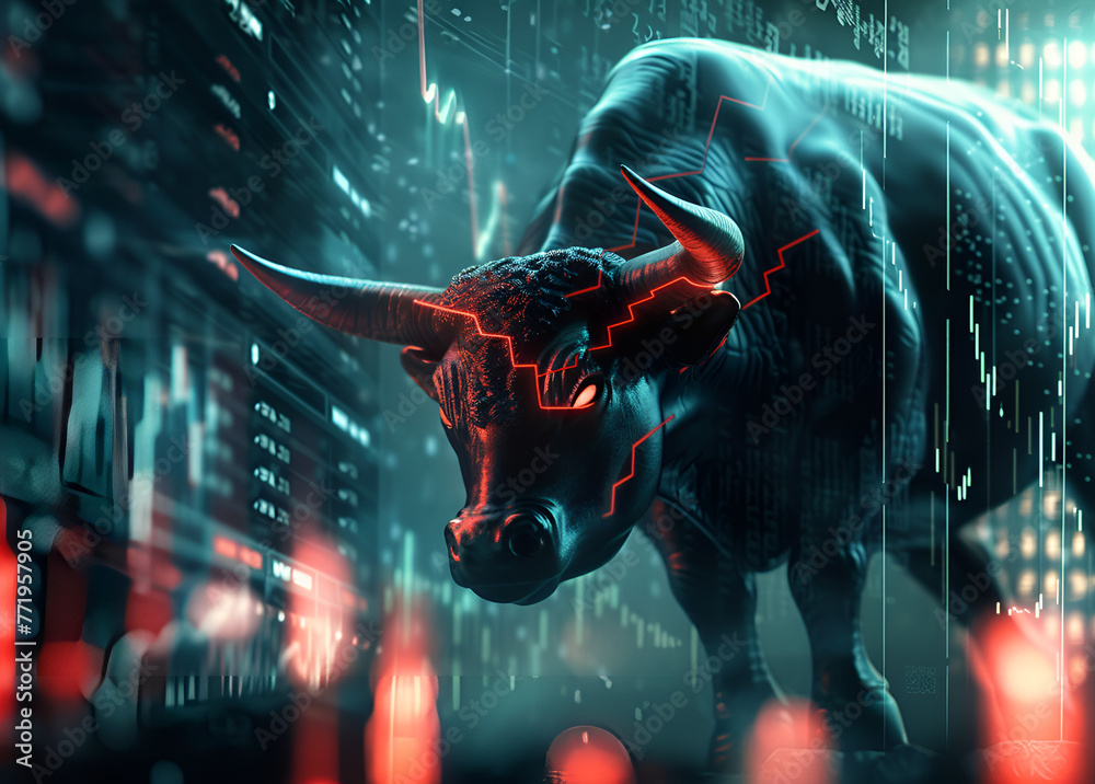 modern wallpaper, the bull is charging forward with stock market chart ...