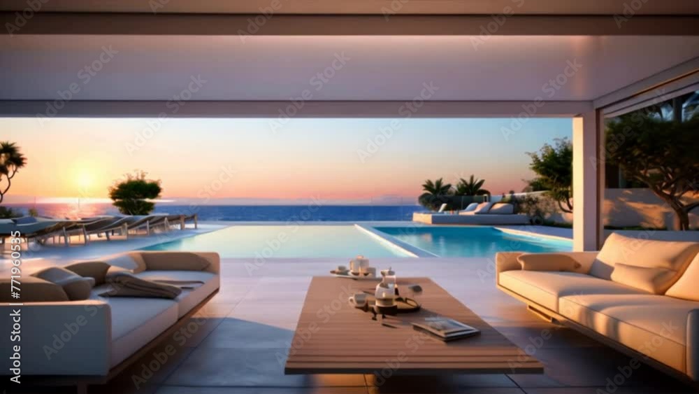 Serene indoor hotel pool bathed in warm light, with a modern wood table ...