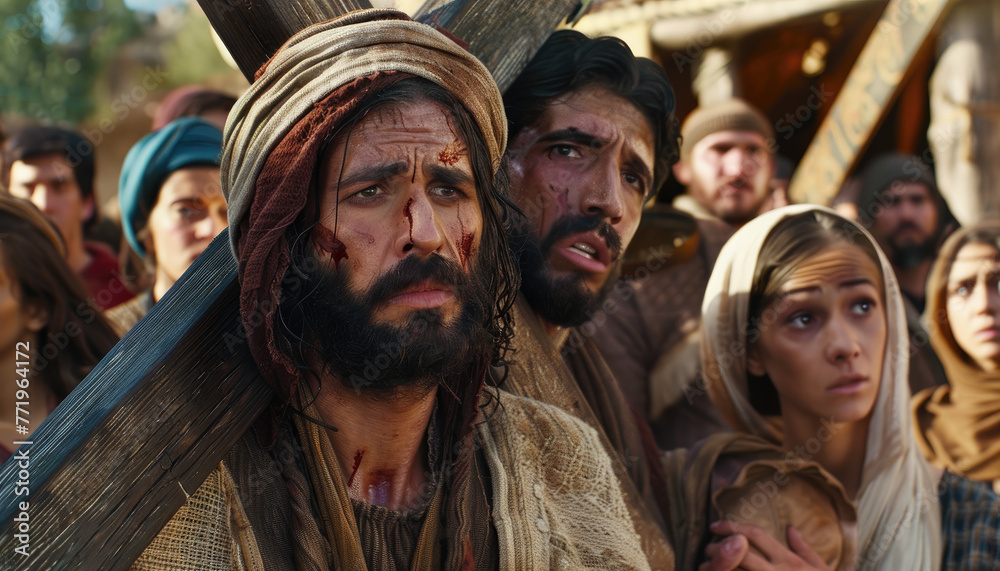 Jesus carrying the cross with Mary and Marthas by his side Stock Photo ...