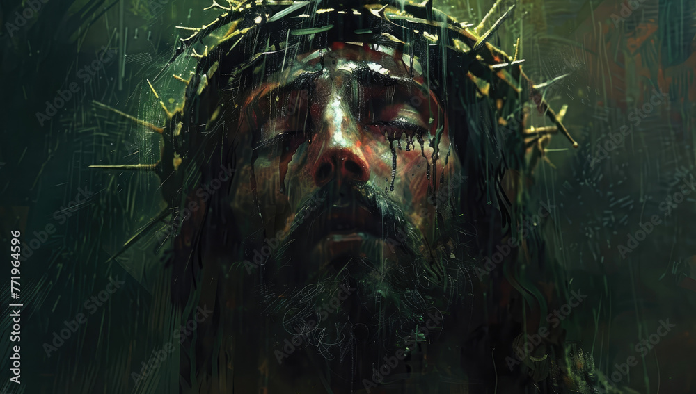 Jesus' face, wearing a crown of thorns and tears running down his ...