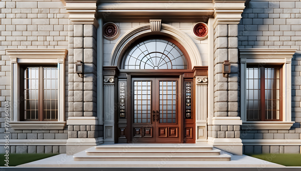 3D House Entrance Rendering: Classic Architecture with Wooden Double ...