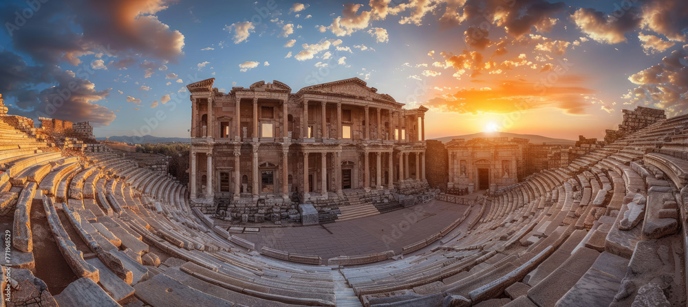 panoramic photo of an ancient Greek theater at sunset, with the sun ...