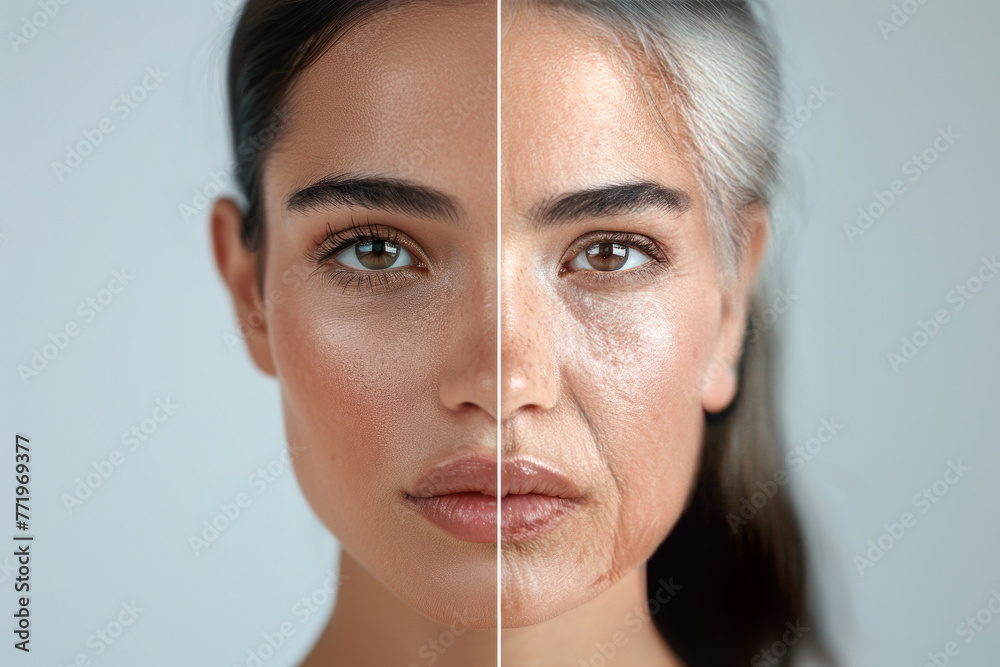 Dual-faced image of a woman: one side with youthful skin, the other ...