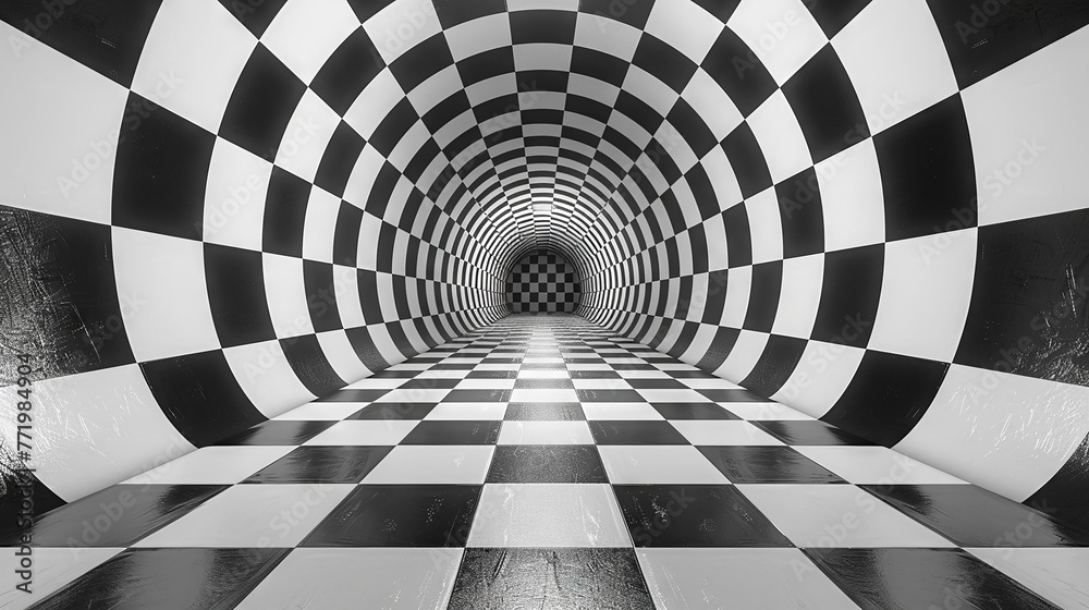 Endless black and white checkered tunnel draws one into the void Stock ...