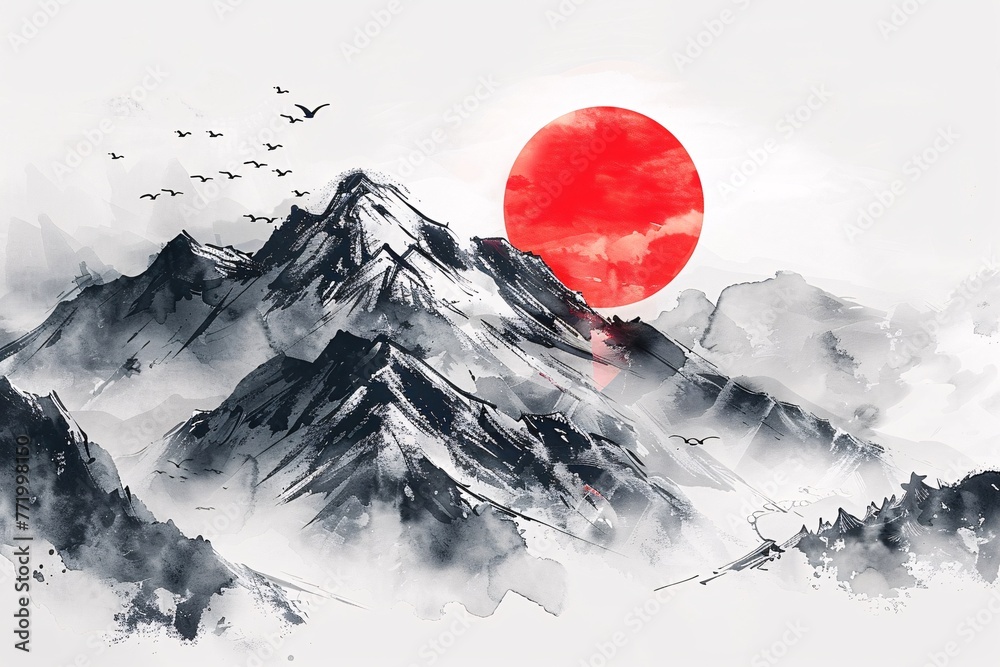 Hand-drawn mountains and red sun in traditional Japanese sumi-e style ...