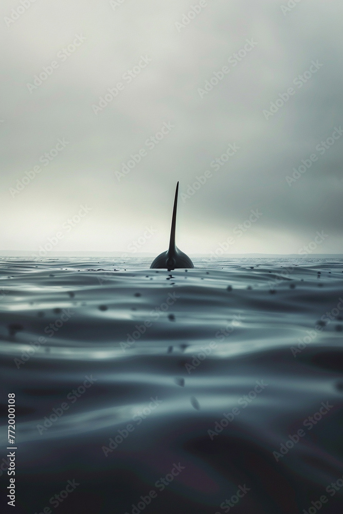Under a bleached sky, a narwhal's silhouette pierces the surface in a ...