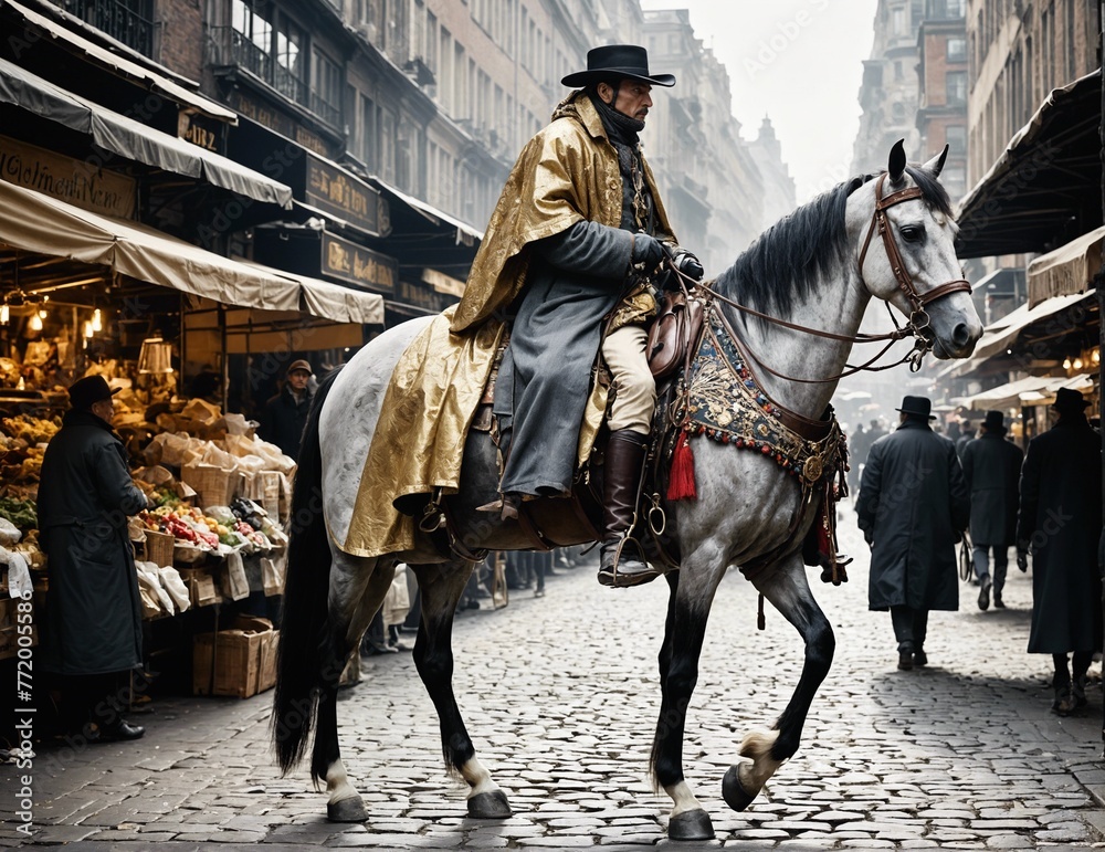 Foto de man mounted on a grey horse traversing through a market street ...