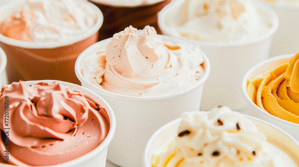 Multiple cups of various flavors of soft-serve ice cream seen up close ...
