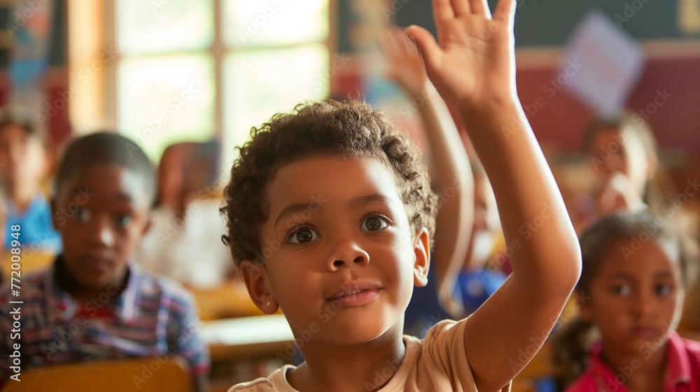 Black cute boy raises his hand up during a lesson at school. The child ...